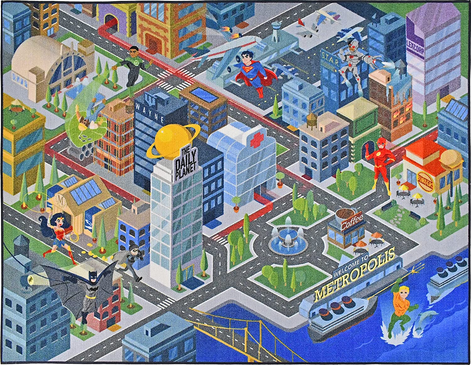 Justice League Metropolis City Road Map Educational & Game Kids Rug ...